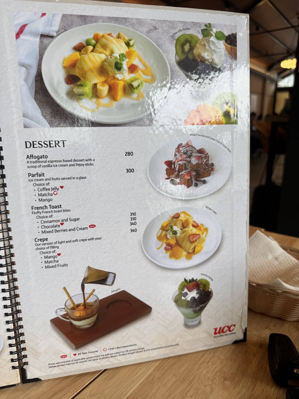 Carta de UCC Cafe Terrace Davao, Dávao