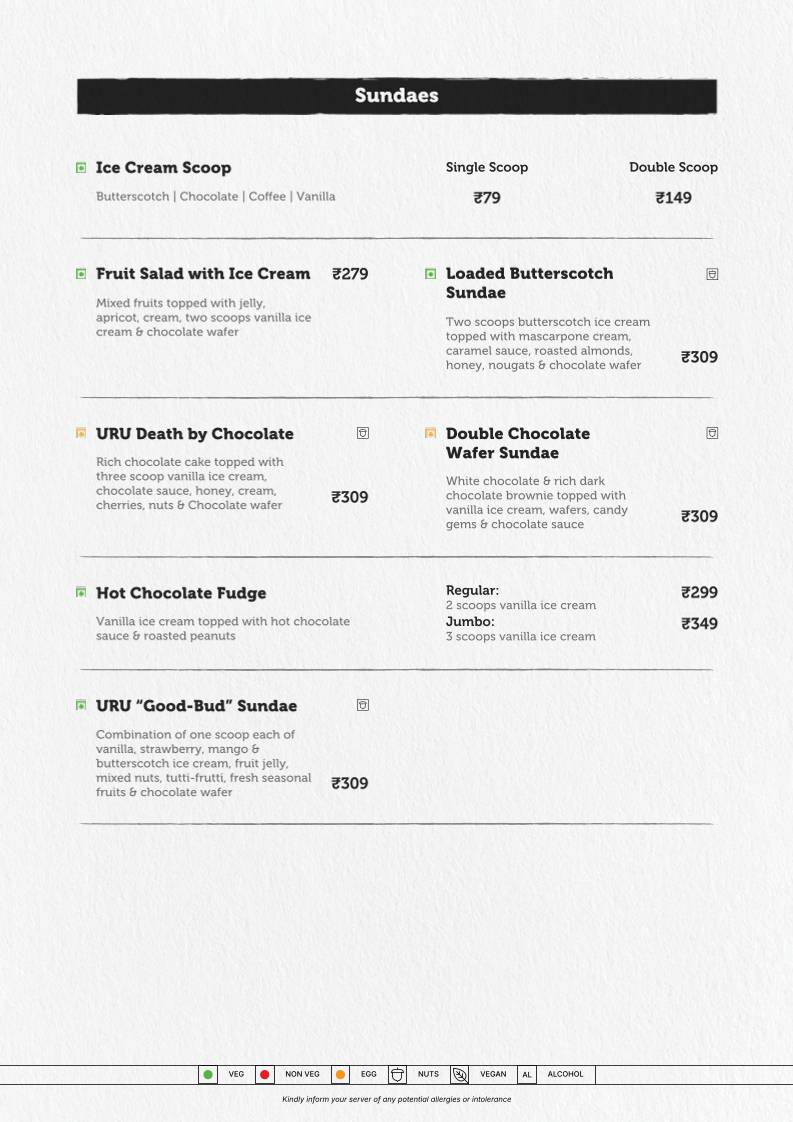 Menu at URU Brewpark, Bengaluru