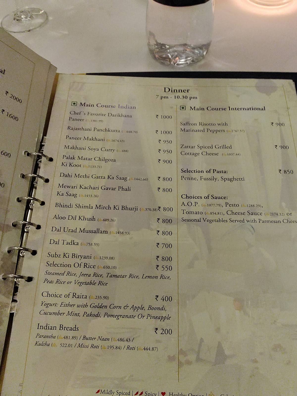 Menu at The Darikhana, Udaipur
