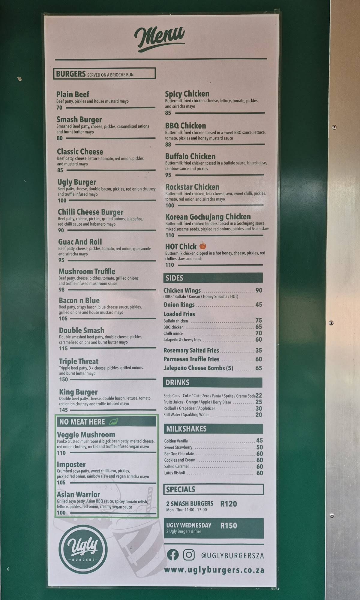 Menu at Ugly Burger ZA restaurant, Cape Town