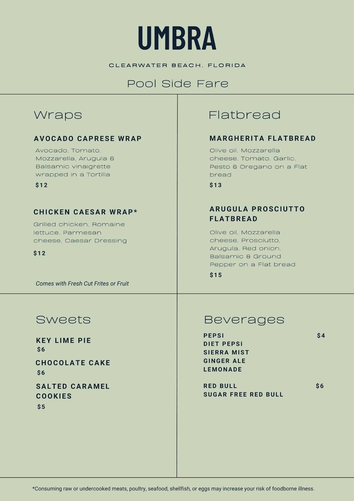 Menu at Umbra Pool Bar, Clearwater