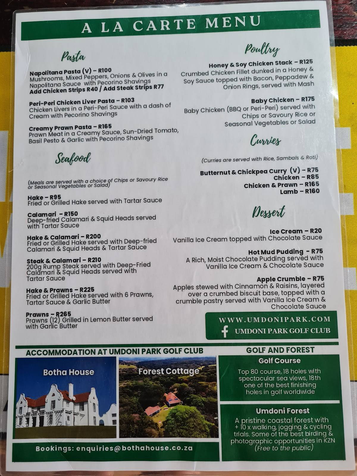 Menu at Umdoni Park Golf Club Restaurant, Pennington