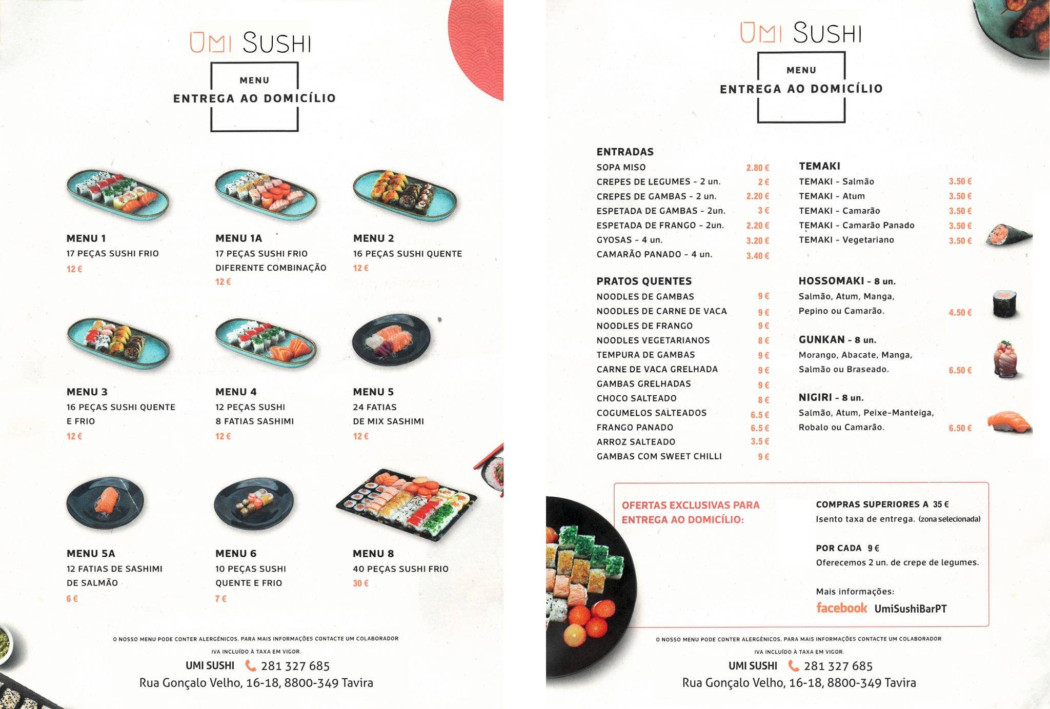 Menu at Umi Sushi restaurant, Tavira