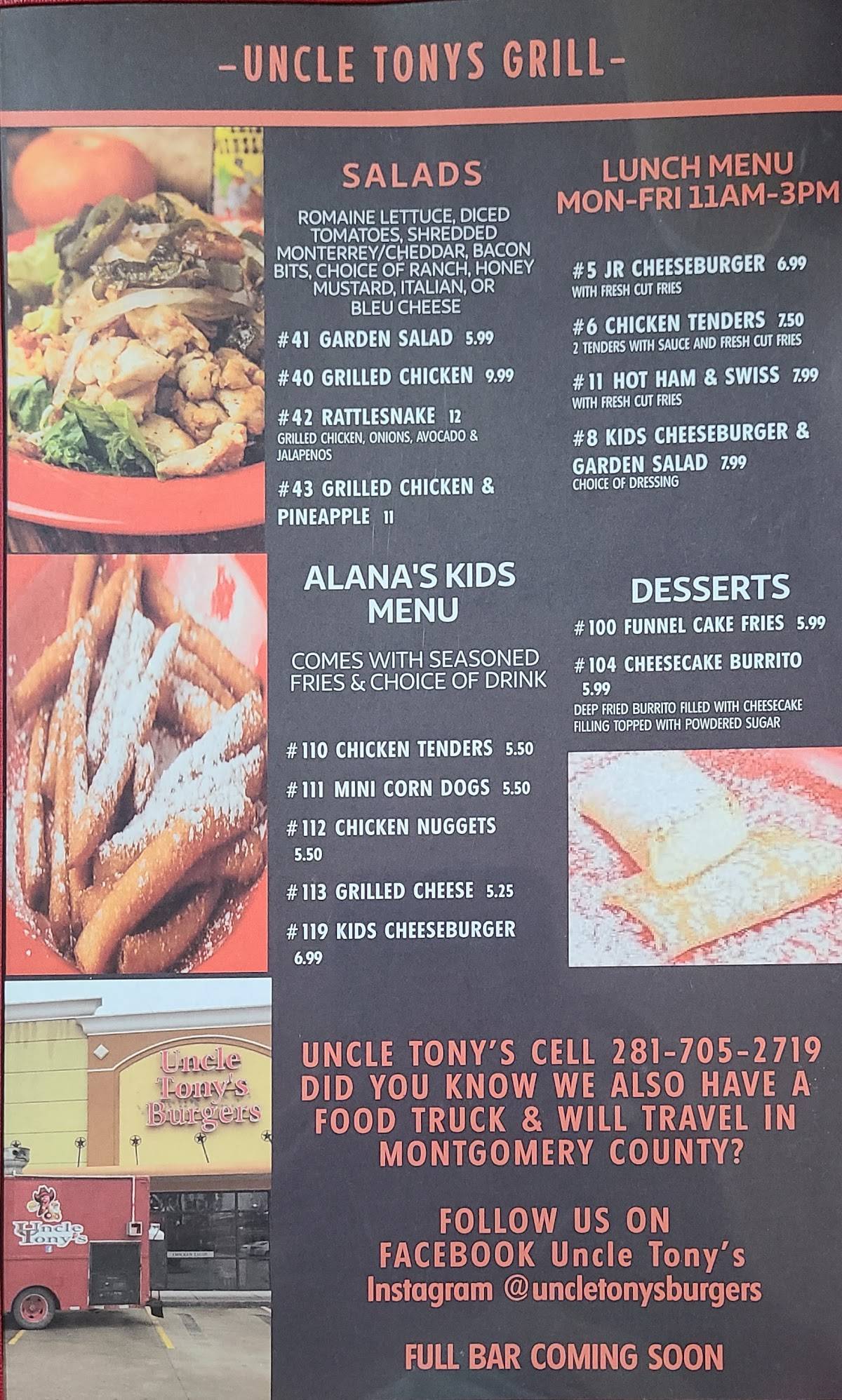 Menu at Uncle Tony's Cafe, Spring, 314 Sawdust Rd #108