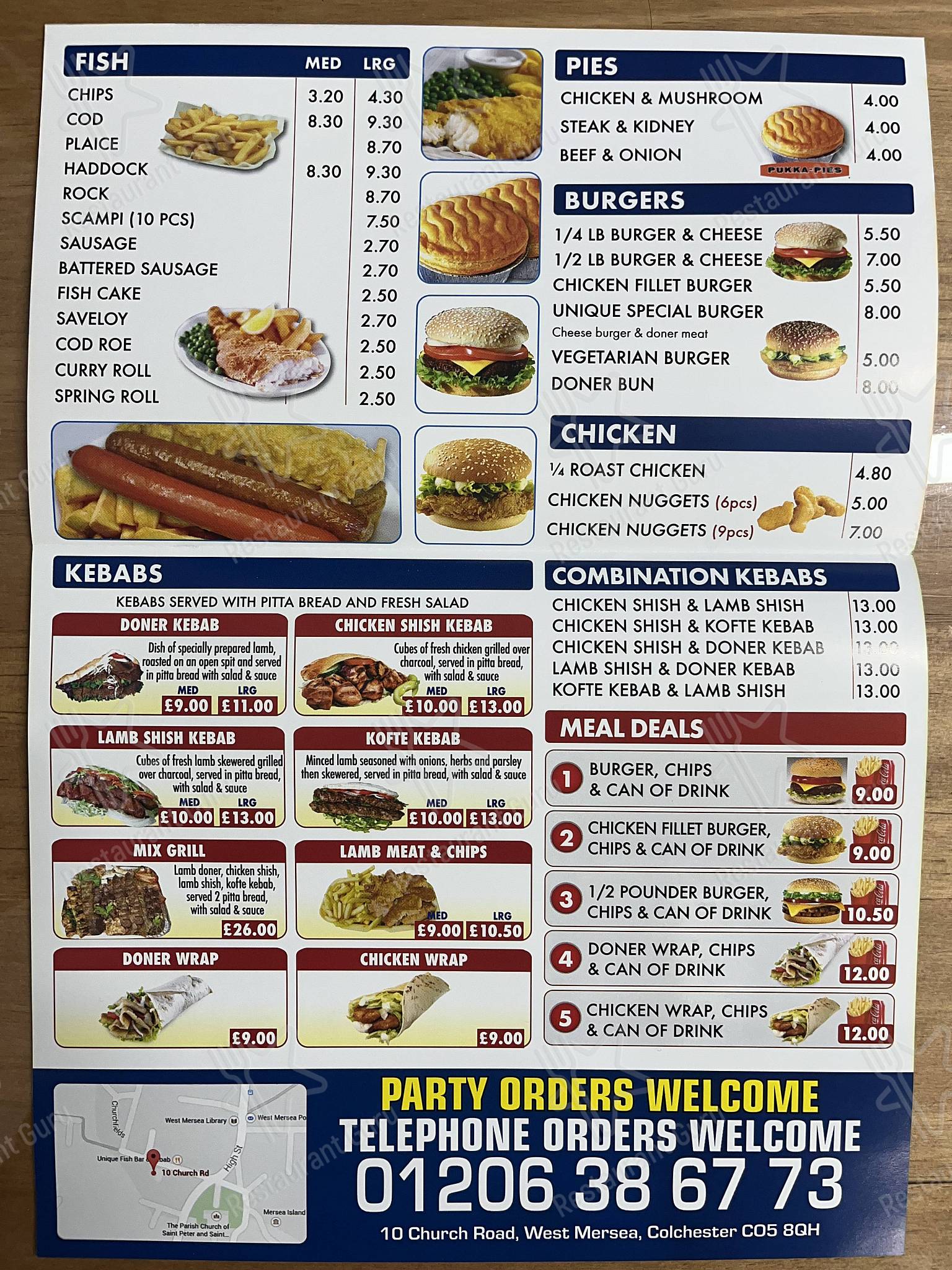 Menu at Unique Fish Bar & Kebab, West Mersea, 10-12 Church Rd