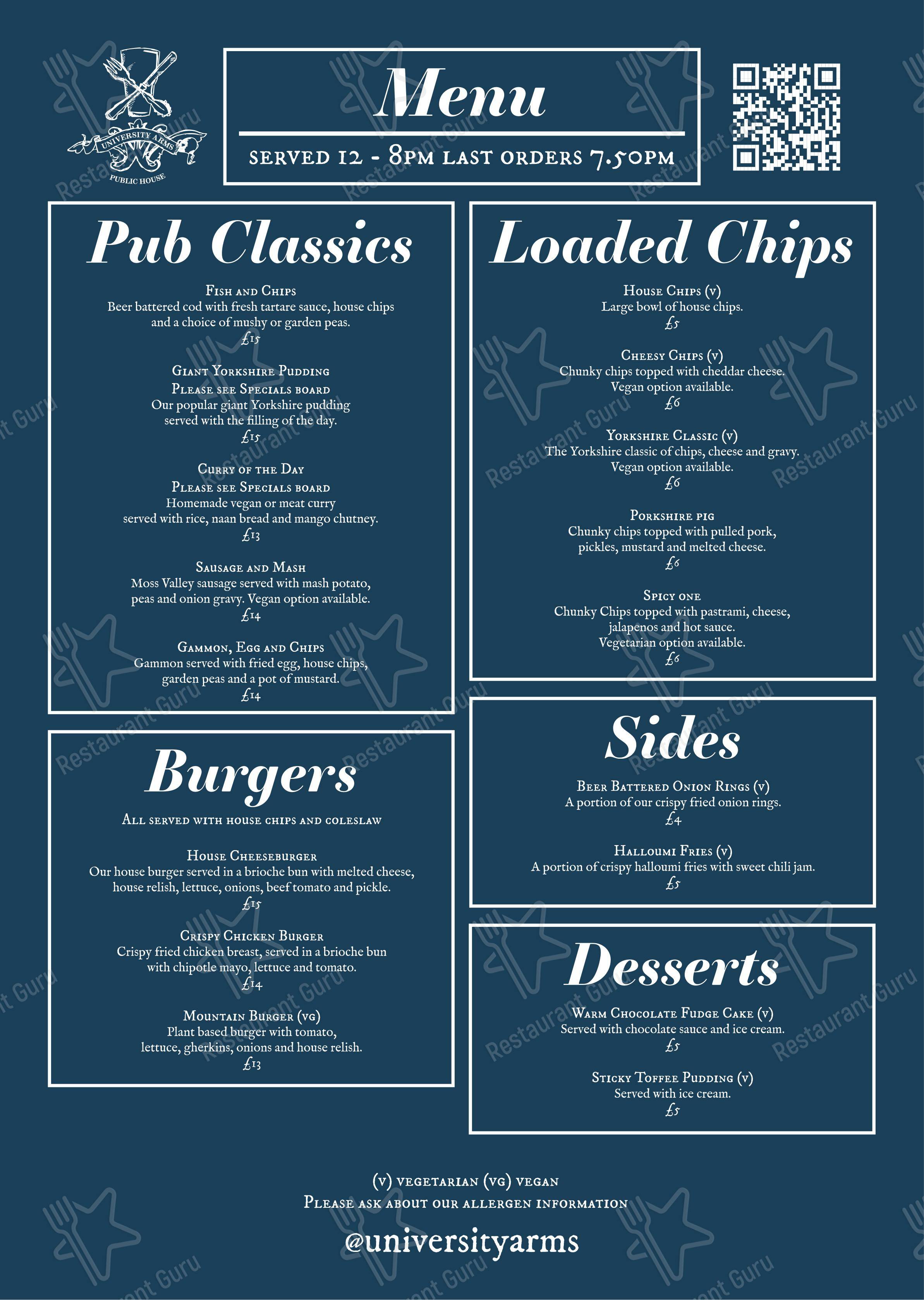 Menu at University Arms pub & bar, Sheffield