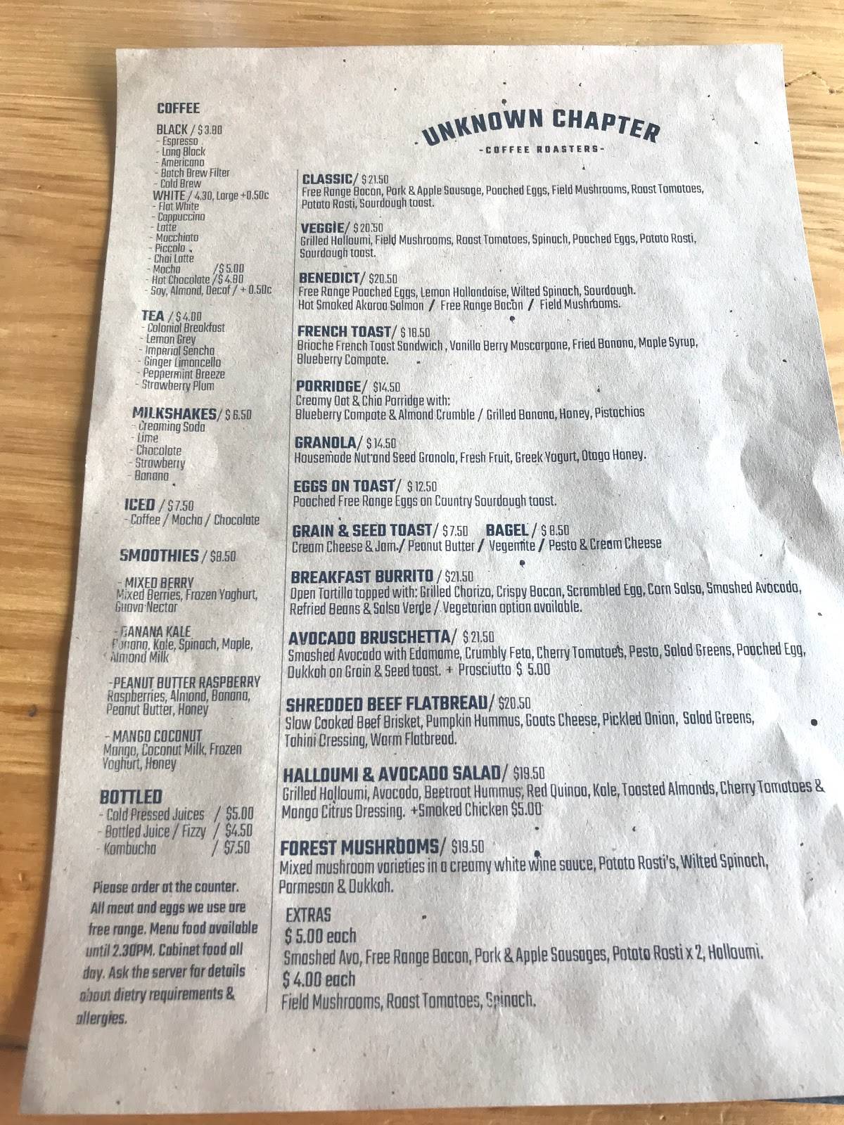 Menu at Unknown Chapter Coffee Roasters cafe, Christchurch