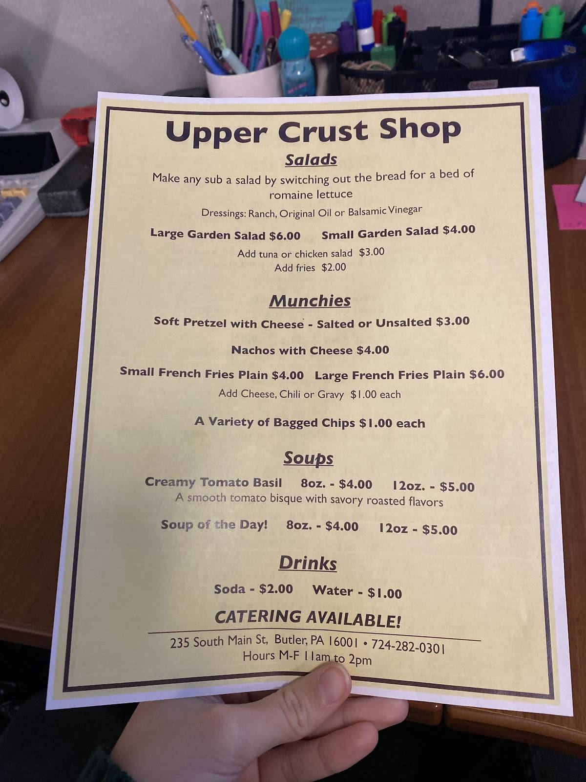 Menu at Upper Crust Shop restaurant, Butler