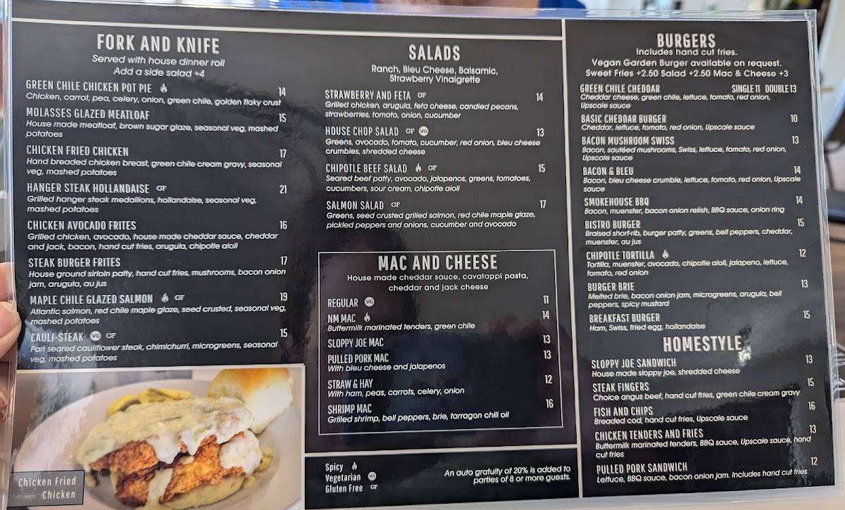 Menu at Upscale Rio restaurant, Rio Rancho