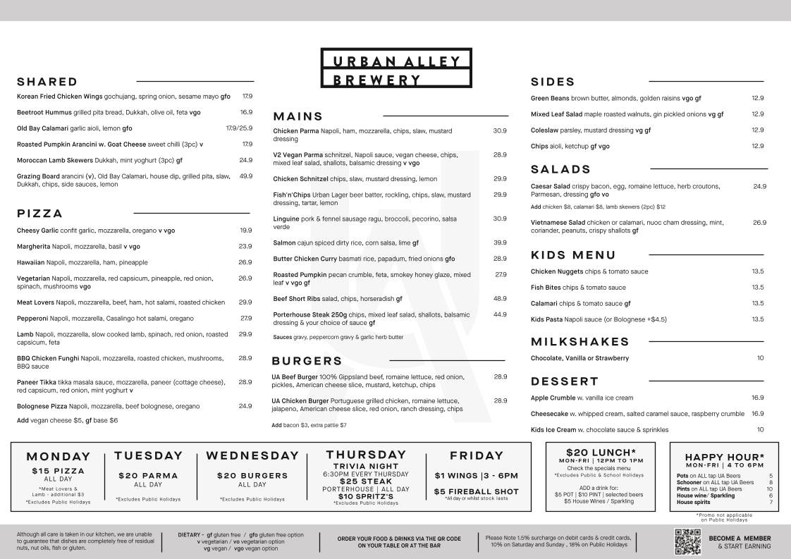 Menu at Urban Alley Brewery pub & bar, Docklands