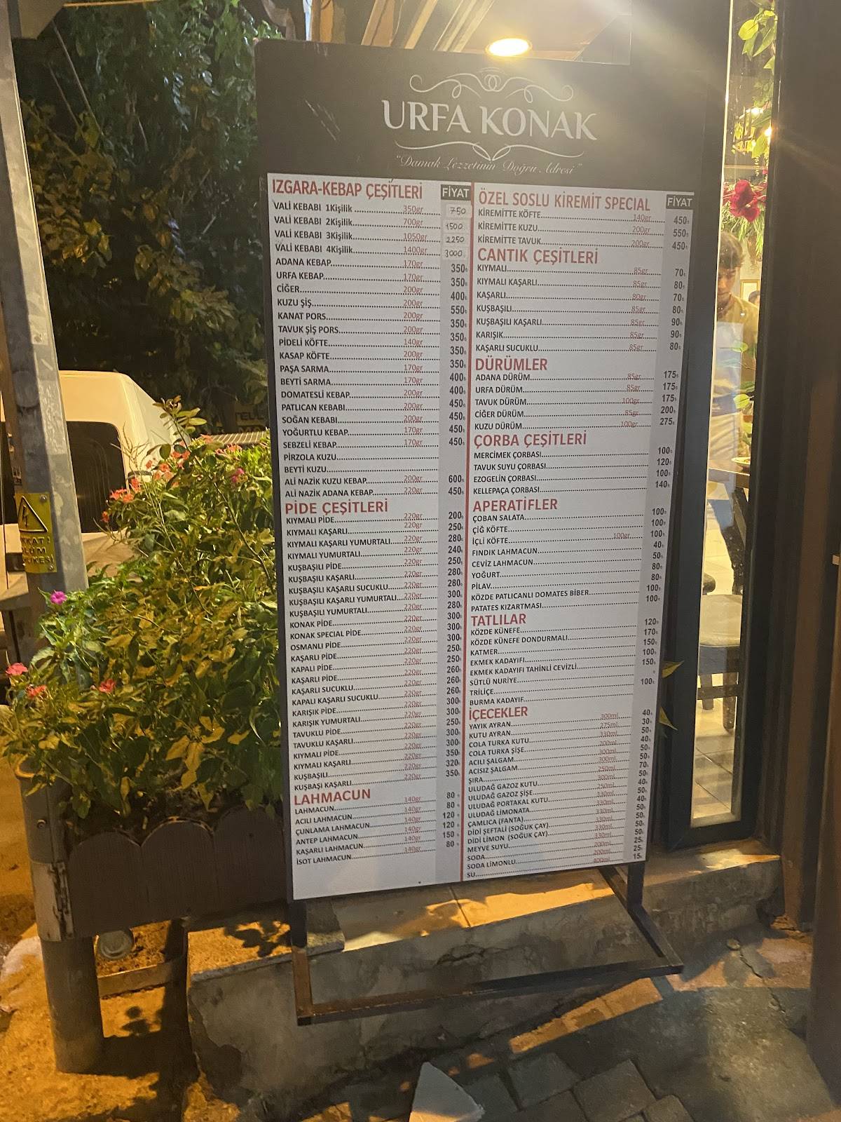 Carta del restaurante Urfa Konak, Bursa, Selçuk Bey Cd. No: 109/A