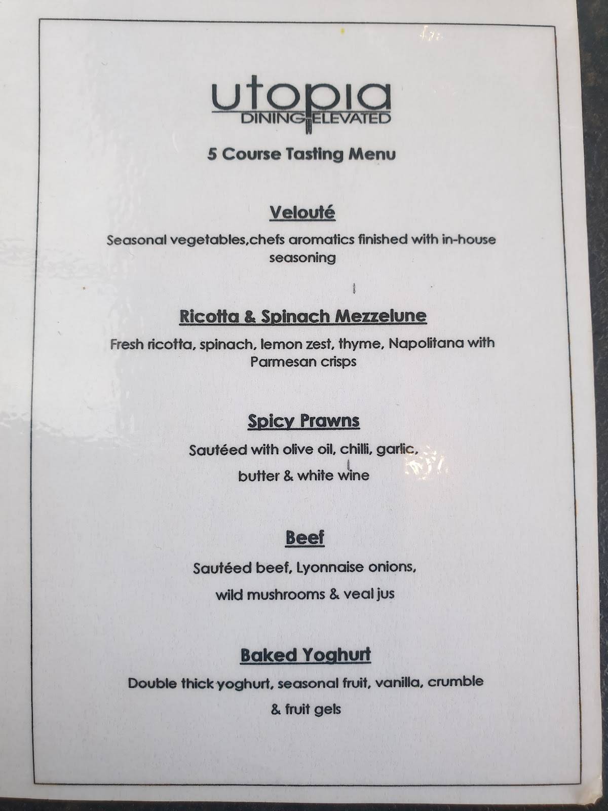 Menu at Utopia Cape Town restaurant, Cape Town, 15th floor
