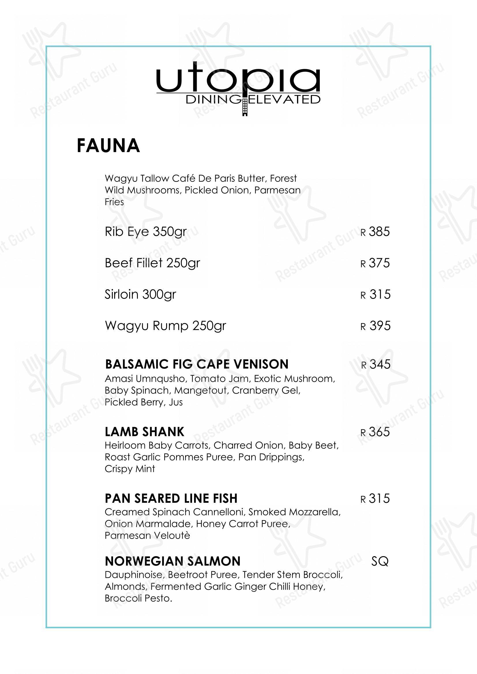 Menu at Utopia Cape Town restaurant, Cape Town, 15th floor