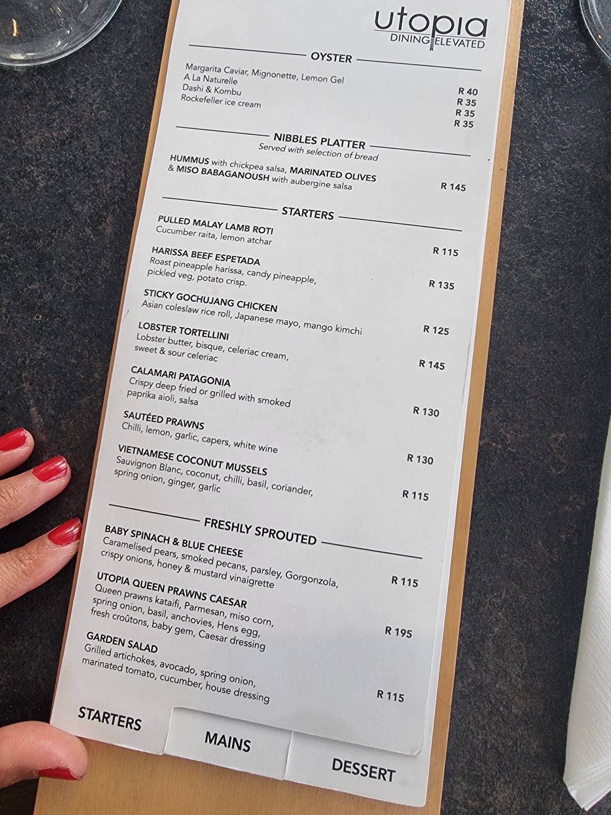 Menu at Utopia Cape Town restaurant, Cape Town, 15th floor