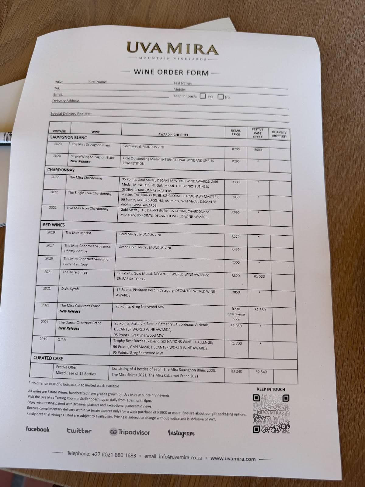 Menu at Uva Mira Tasting Room pub & bar, Stellenbosch