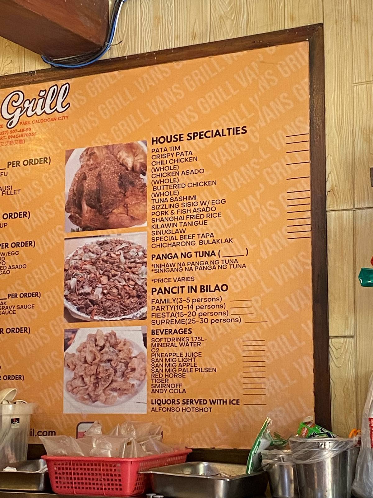 Menu at VANS Grill restaurant, Caloocan