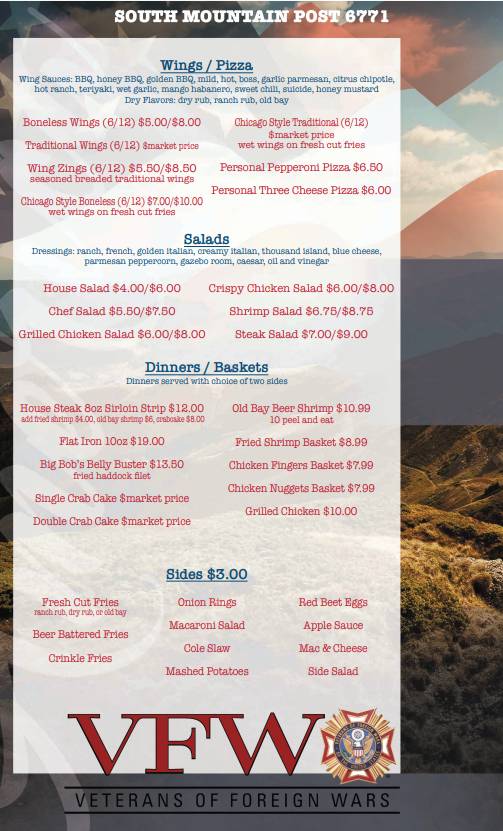 Menu at VFW Post 6771 pub & bar, Dillsburg