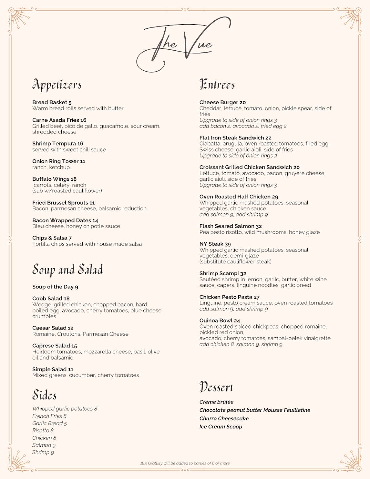 Menu at VUE Bar + Restaurant, Long Beach