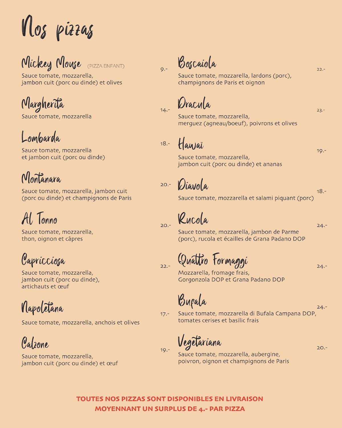 Menu au Va Bene Pizza Penthaz, Penthaz