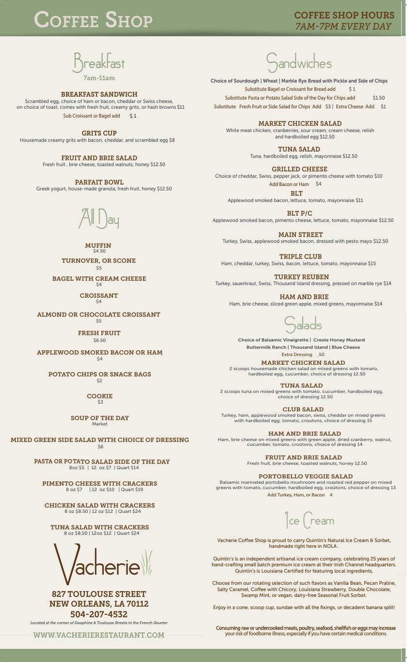 Menu at Vacherie restaurant, New Orleans
