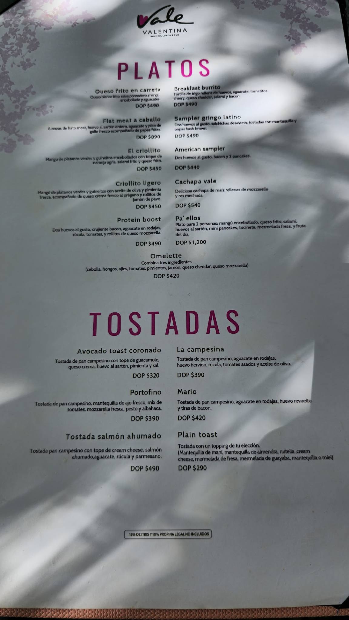 Menu at Vale Valentina restaurant, Punta Cana, Edificio VI Jardines de ...