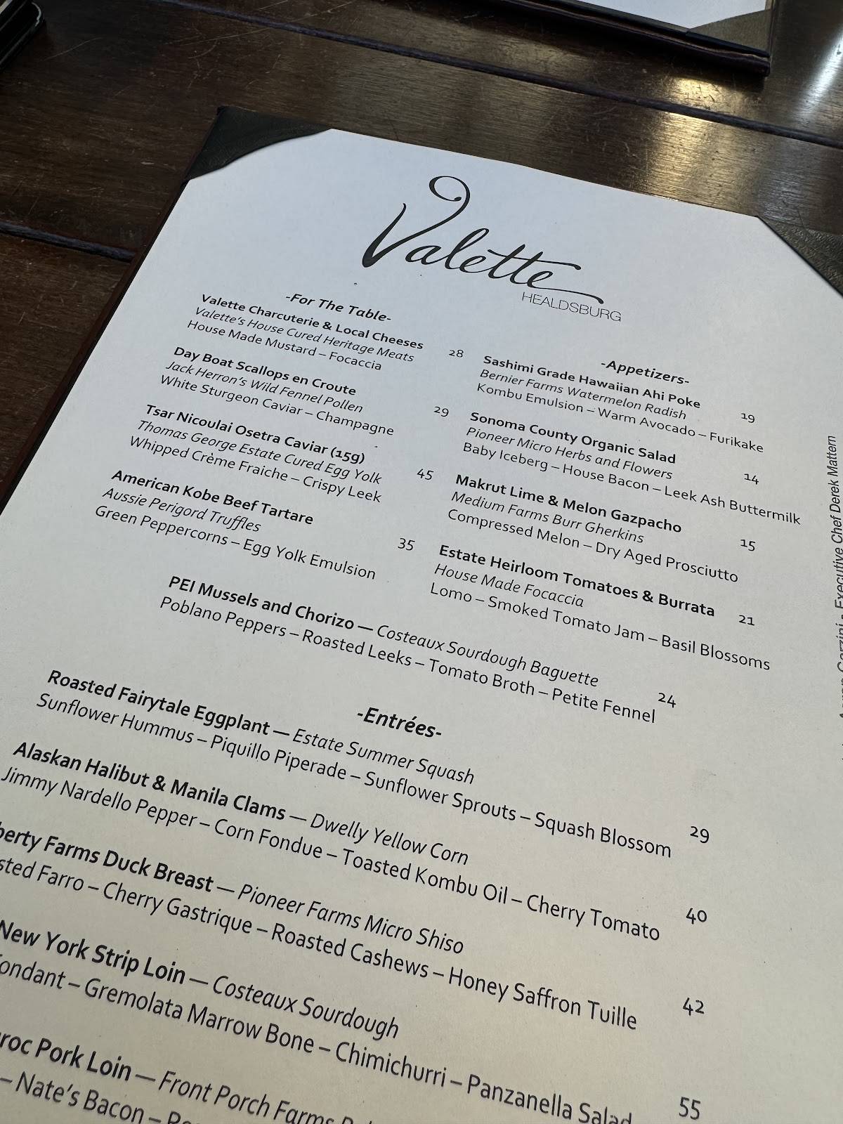 Menu at Valette steakhouse, Healdsburg