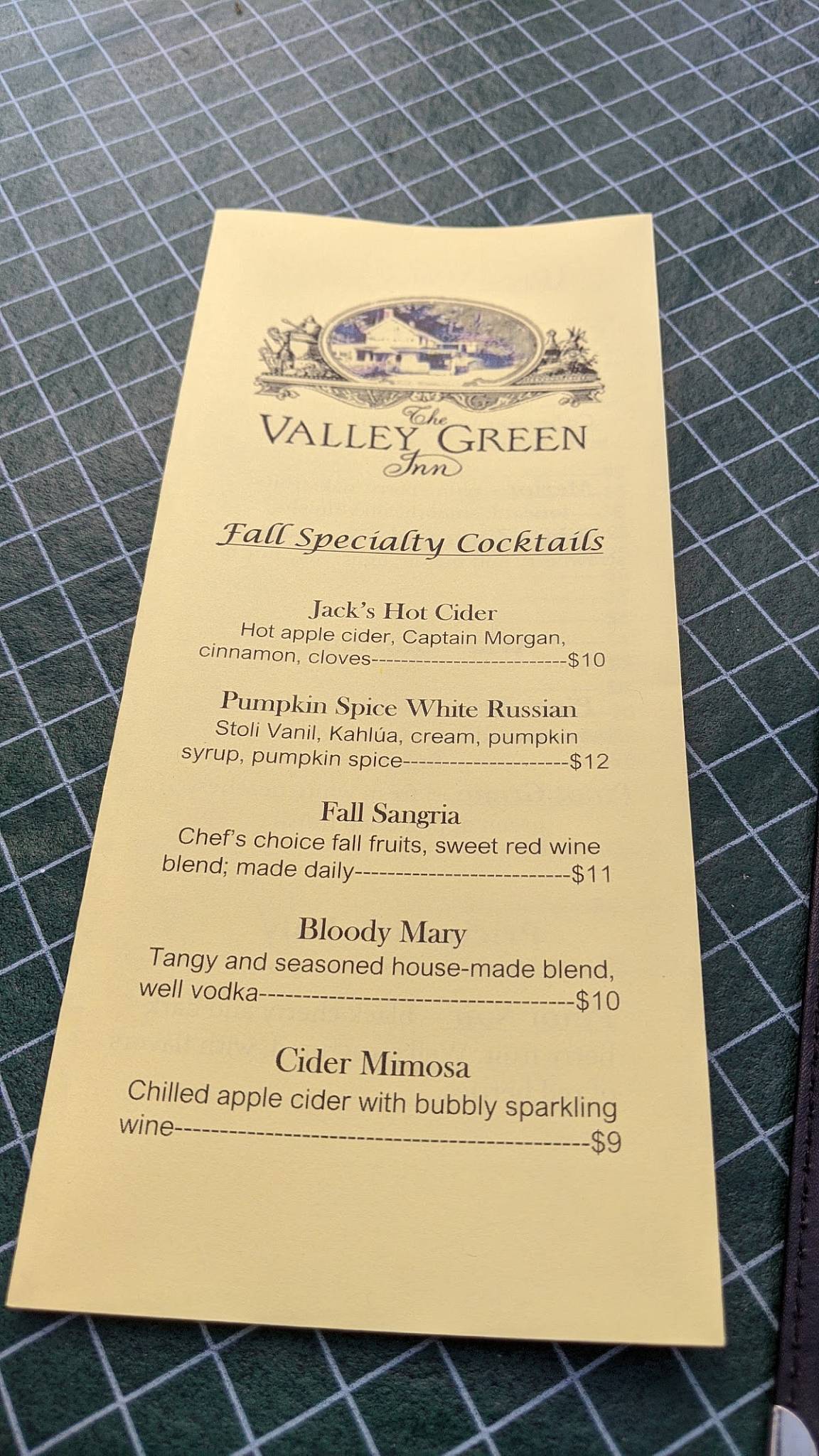 Menu at Valley Green Inn restaurant, Philadelphia