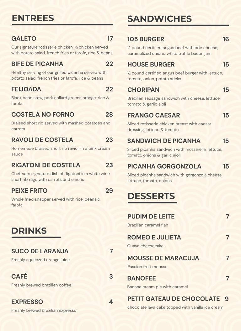 Menu at Val's Brazilian Grill restaurant, Port St. Lucie