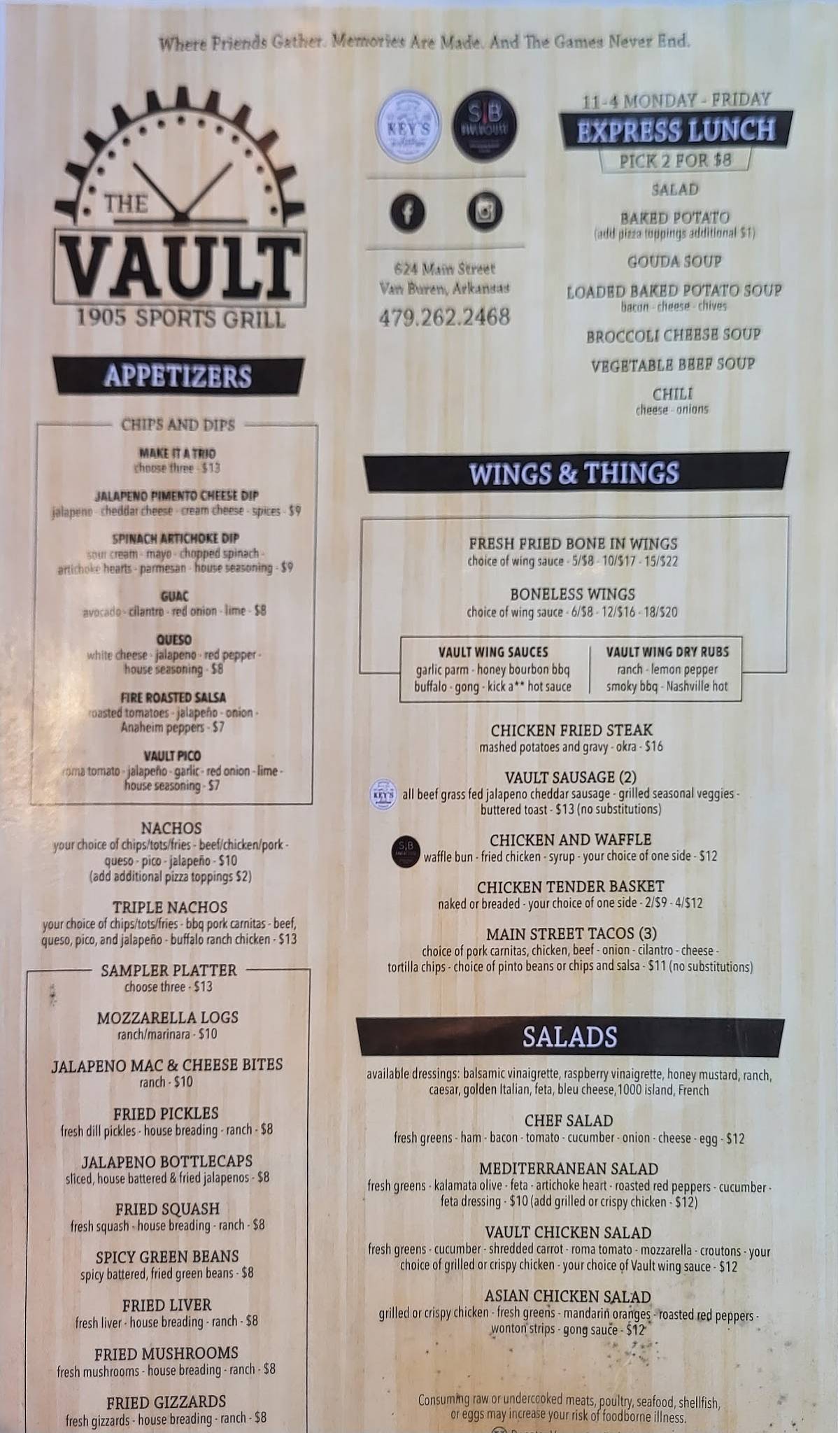 Menu at The Vault 1905 Sports Grill restaurant, Van Buren