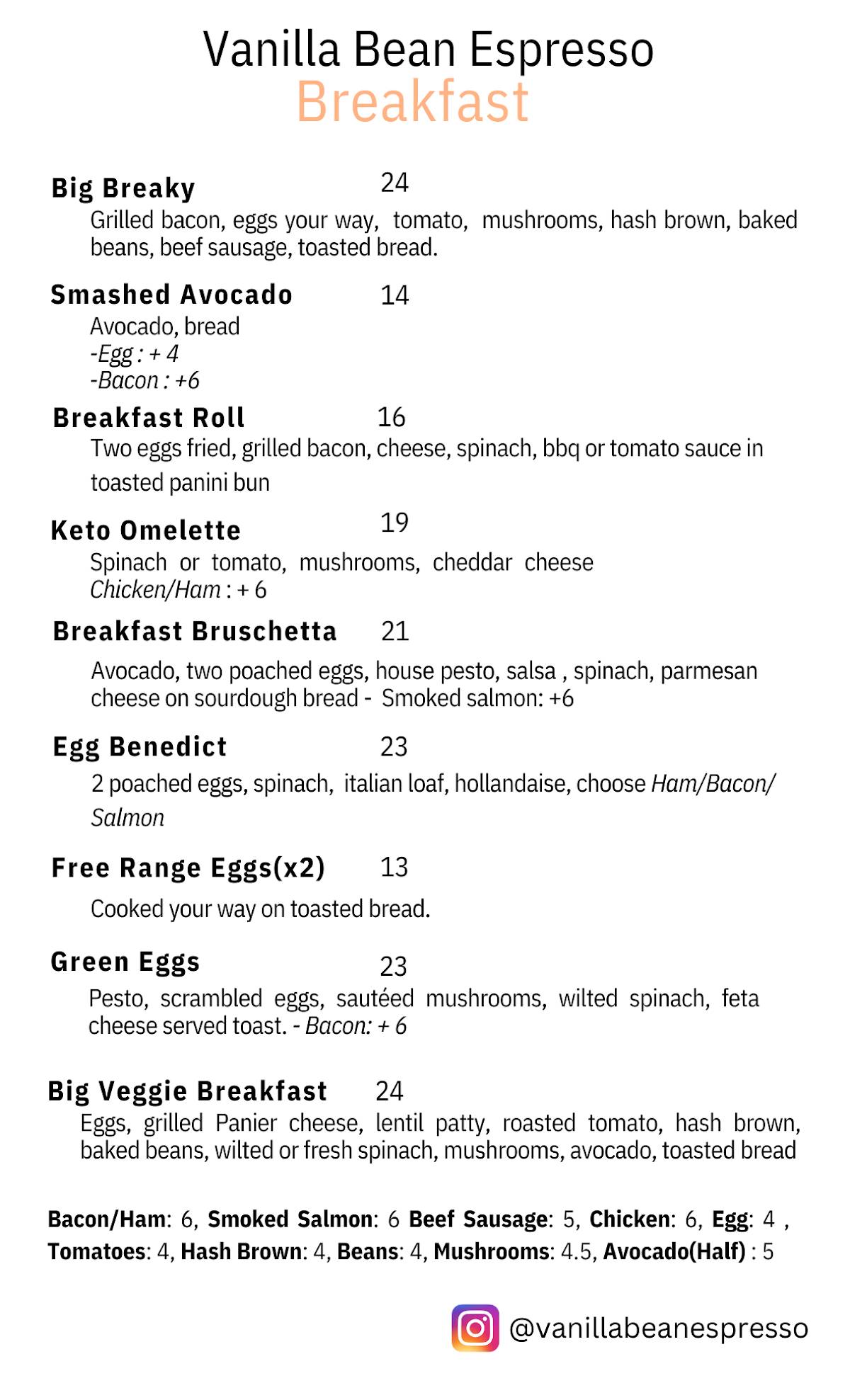 Menu at Vanilla Bean restaurant, Fremantle