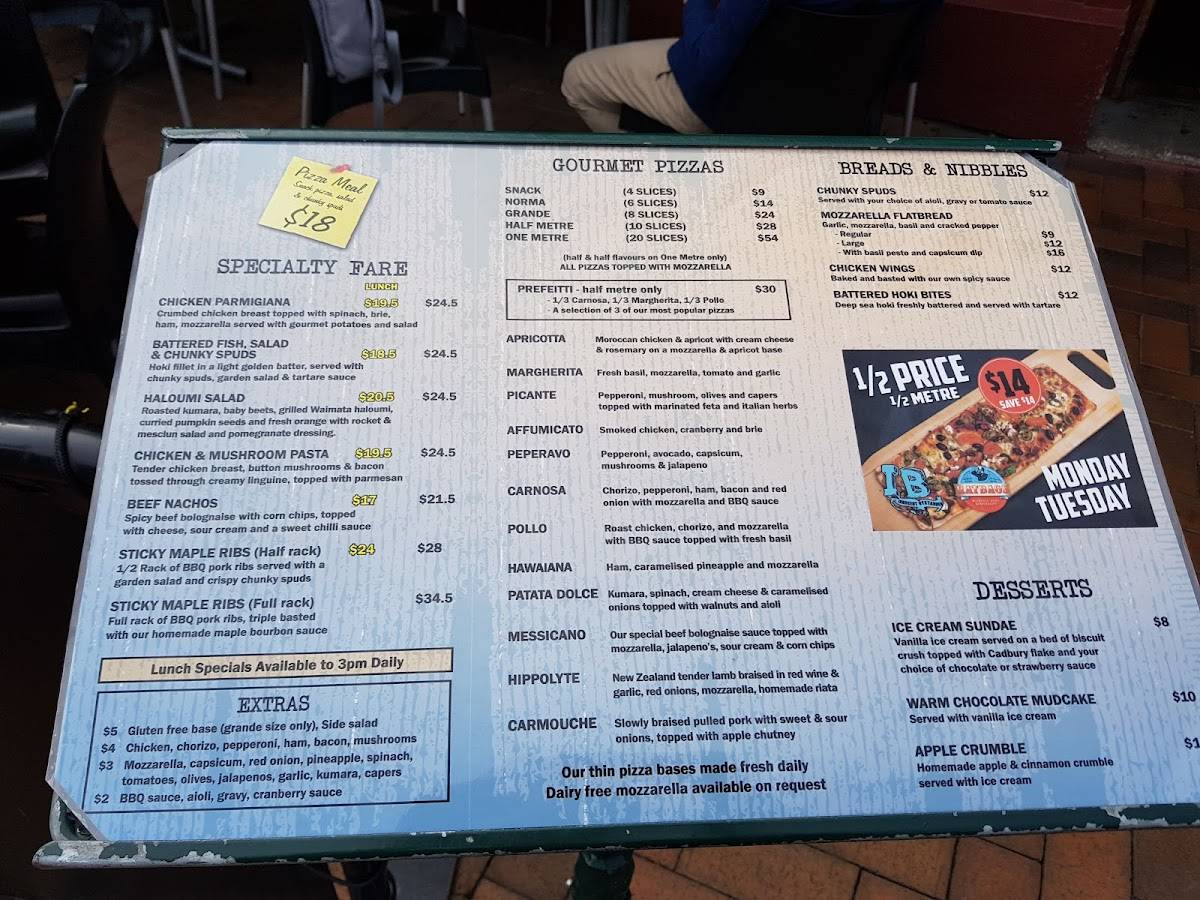 Carta del restaurante Vault 21, Dunedin