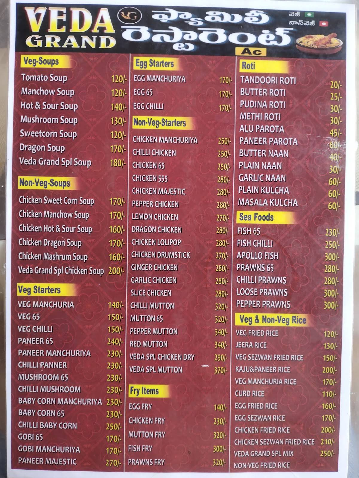 Menu at Veda Grand Family Restaurant, Devarakonda
