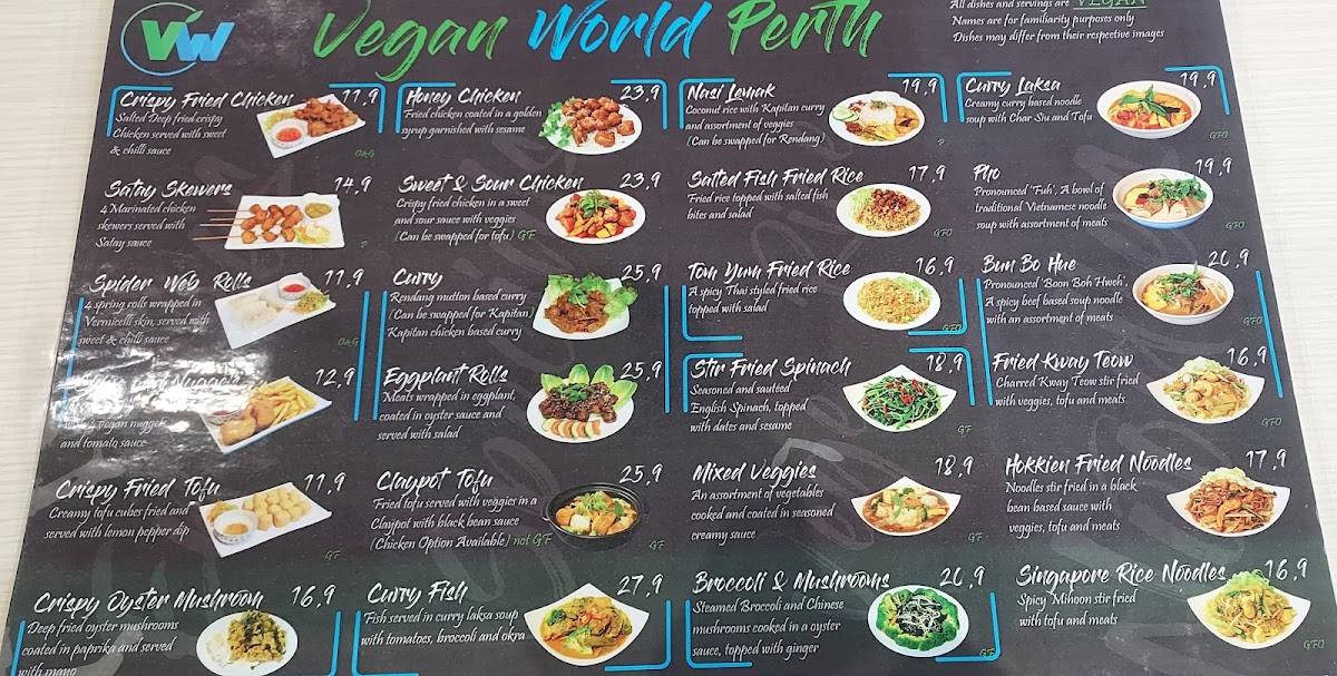 Menu at Vegan World Perth restaurant, Northbridge
