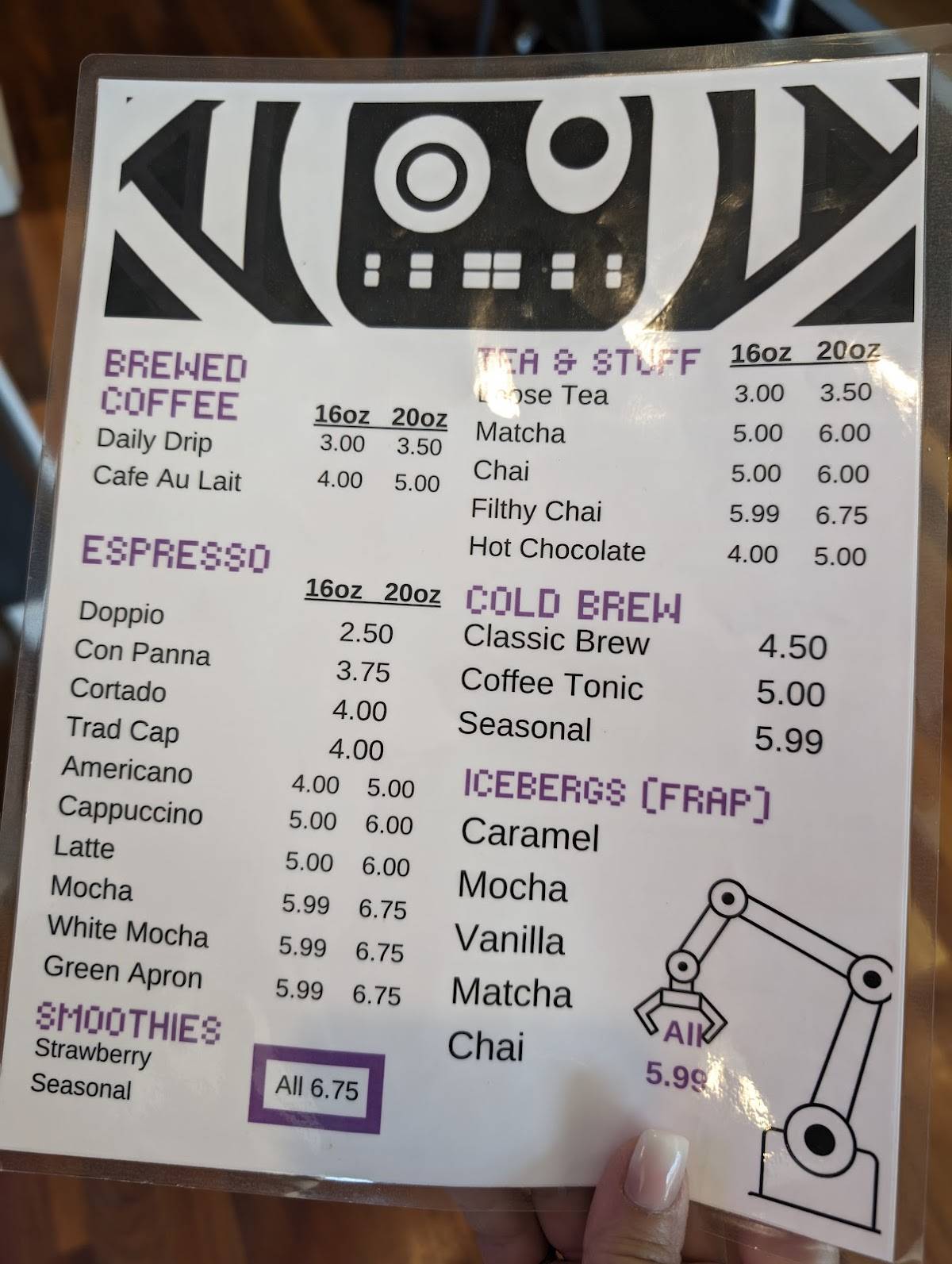 Menu at Velvet Robot Coffee Lab, Roscoe