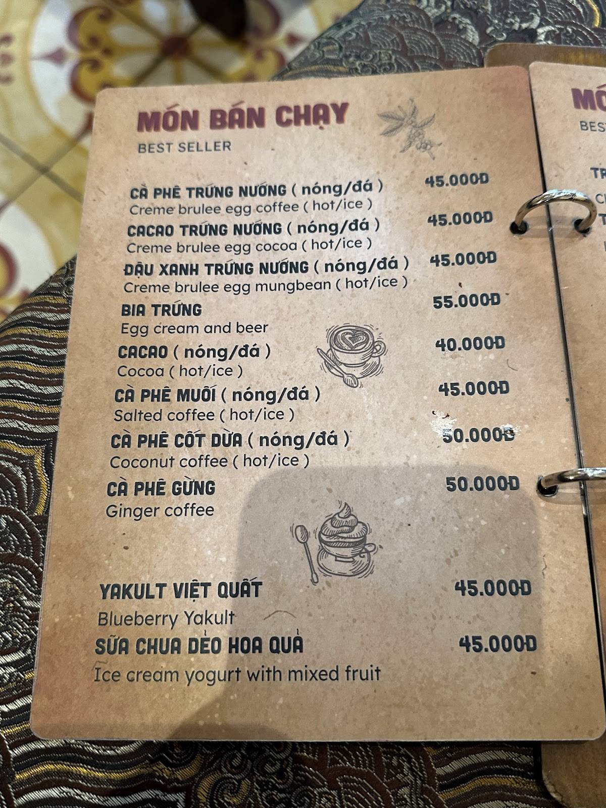 Menu at Vi Anh Coffee cafe, Hanoi