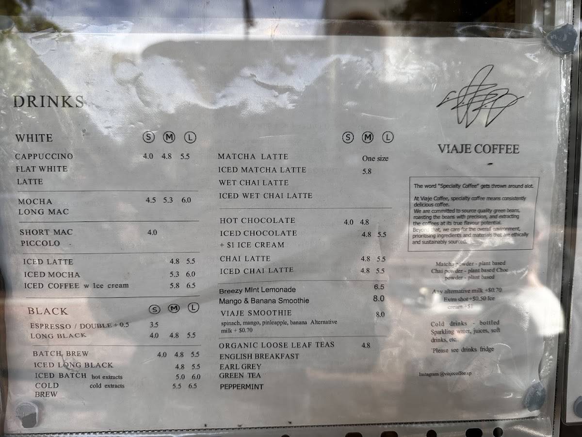 Menu at Viaje Coffee South Perth cafe, South Perth