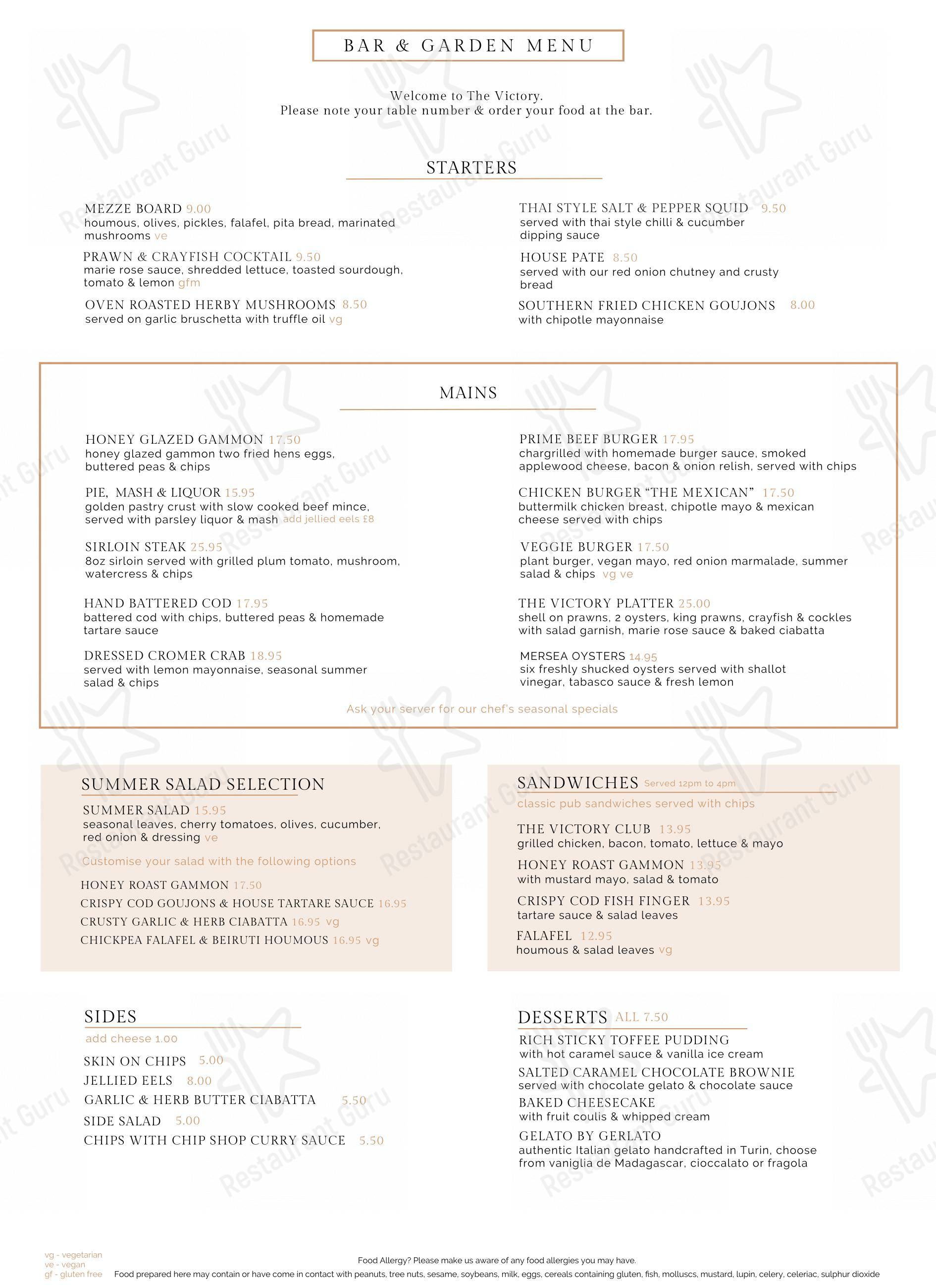 Menu at Victory at Mersea pub & bar, West Mersea