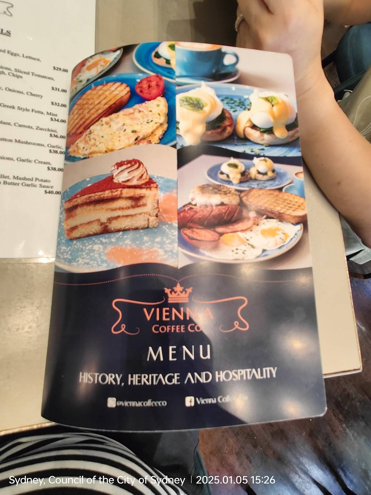 Menu at Vienna Coffee Co cafe, Sydney, Queen Victoria Building