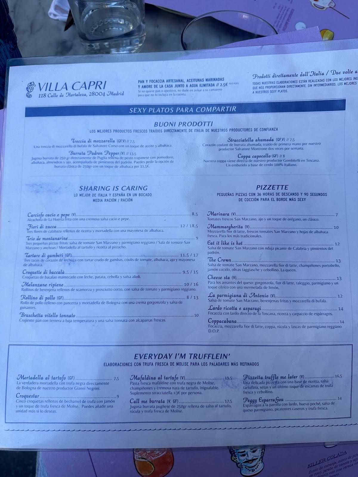 Carta del restaurante Villa Capri, Madrid