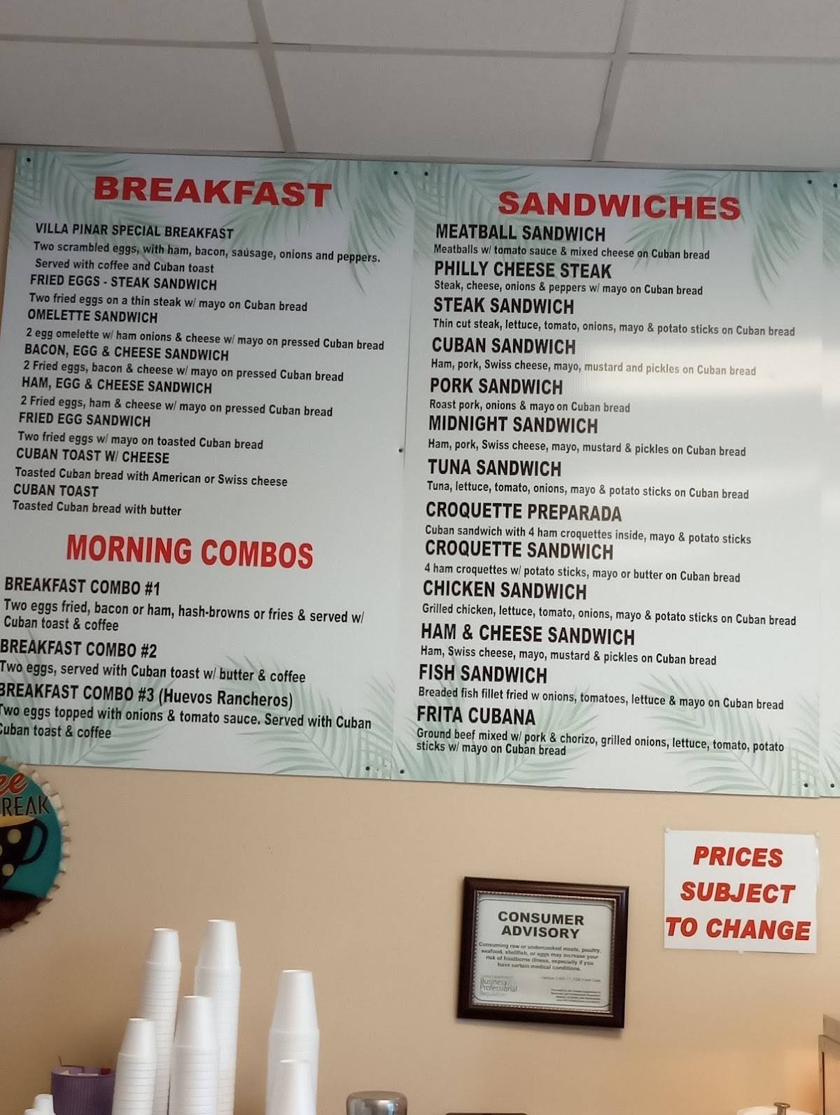 Menu at Villa Pinar Cuban Cafeteria, Summerfield