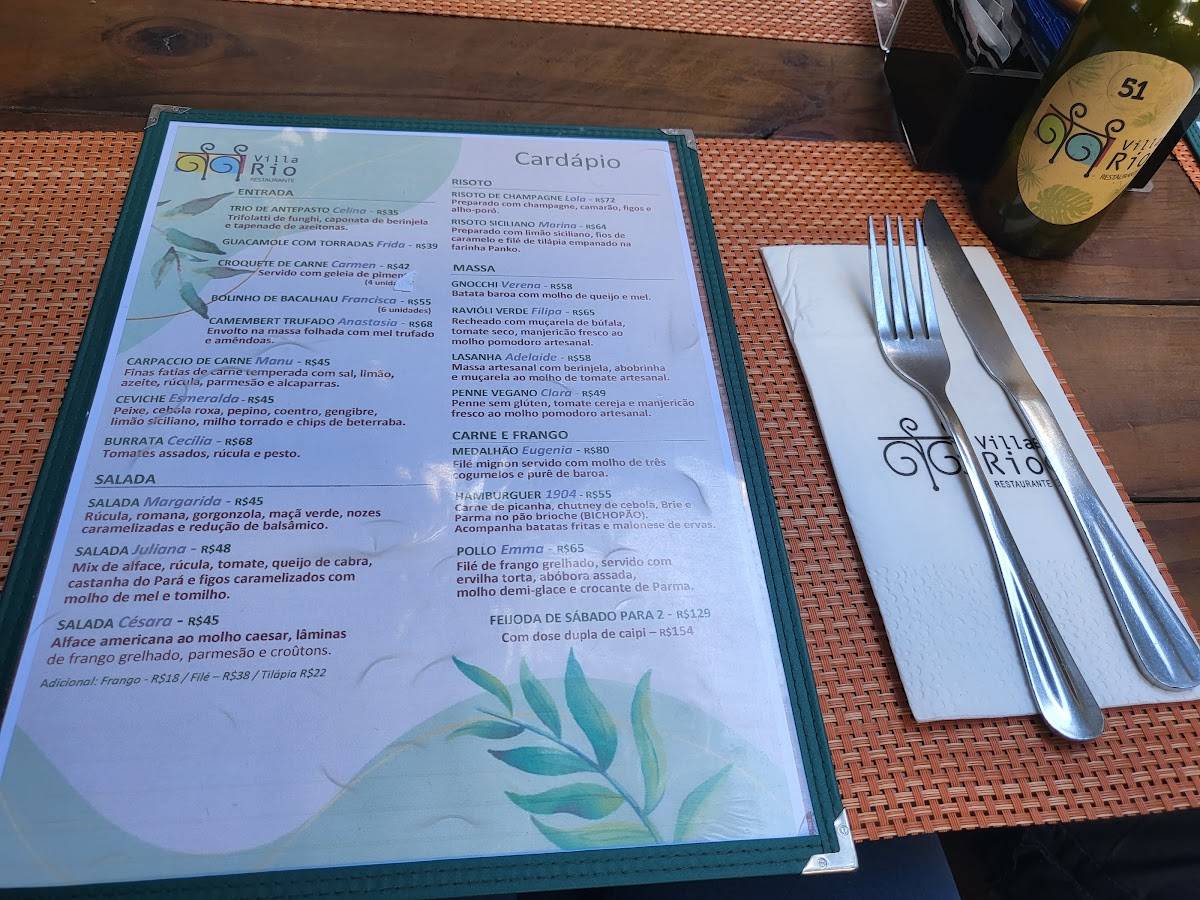 Carta de Villa Rio Restaurante, Rio de Janeiro