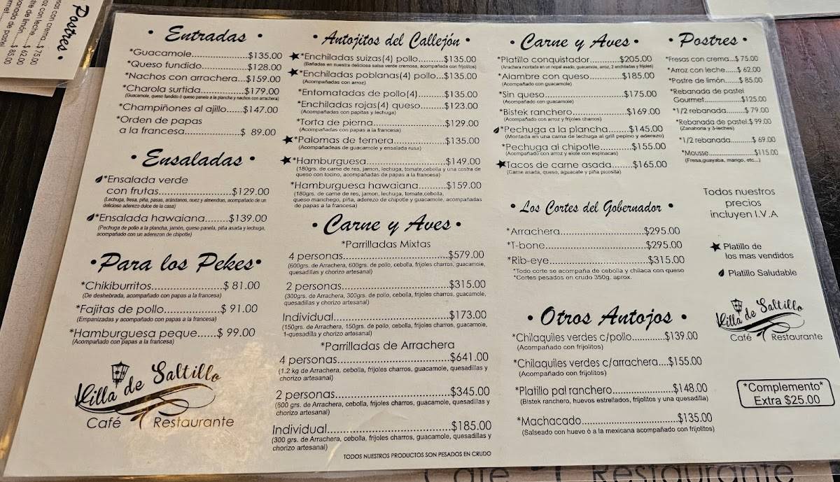 Carta de Villa de Santiago Café Restaurante, Saltillo, C. Hidalgo 160