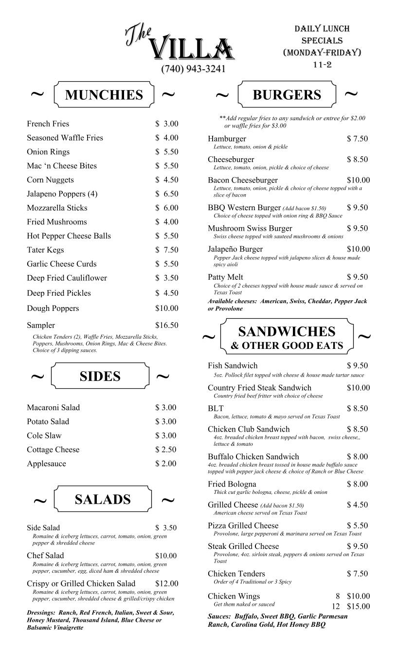 Menu at Villa pub & bar, Richwood
