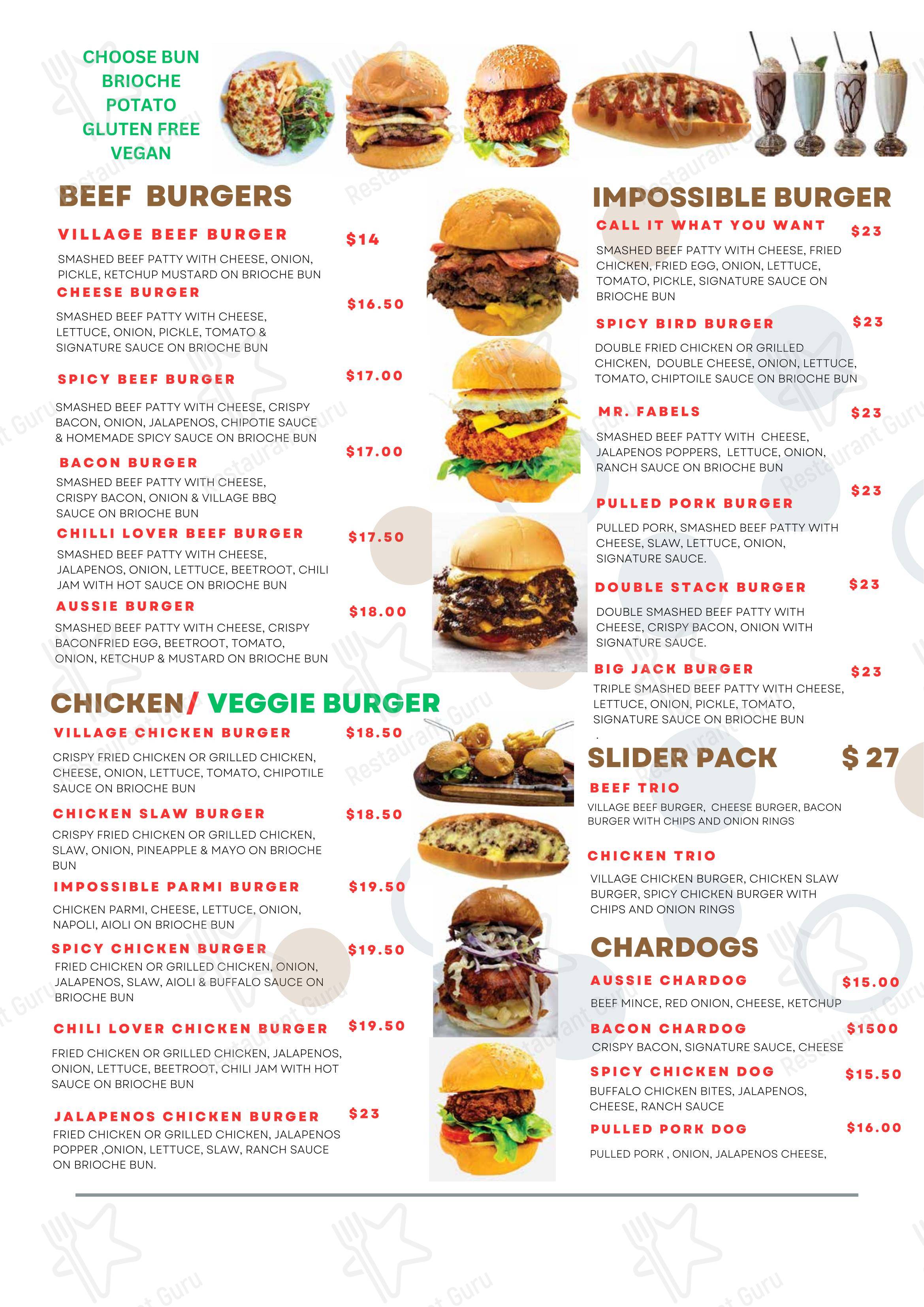 Menu at Village Cafe & Burgers Greenwood, Greenwood