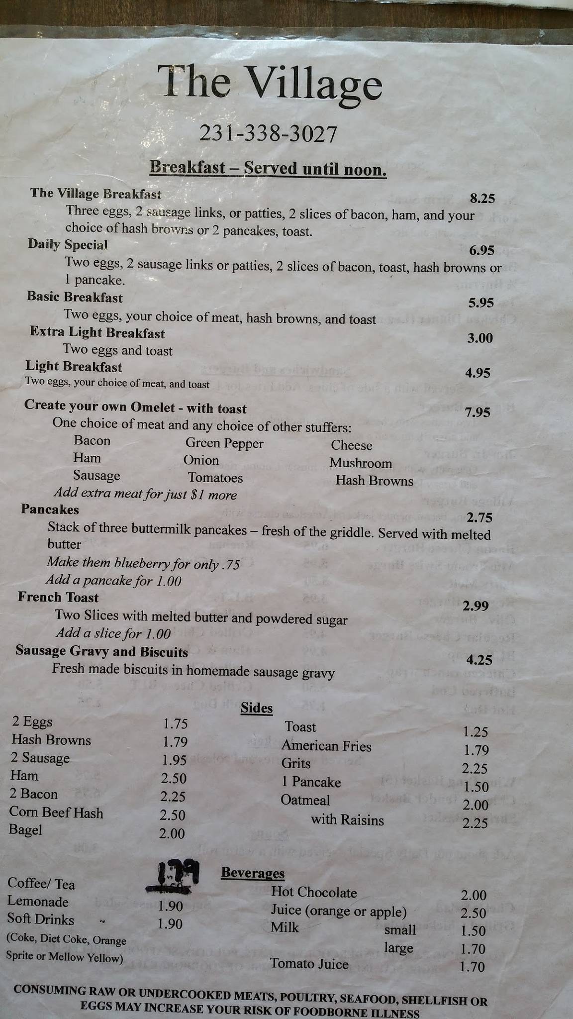 Menu at Village Restaurant, Baldwin