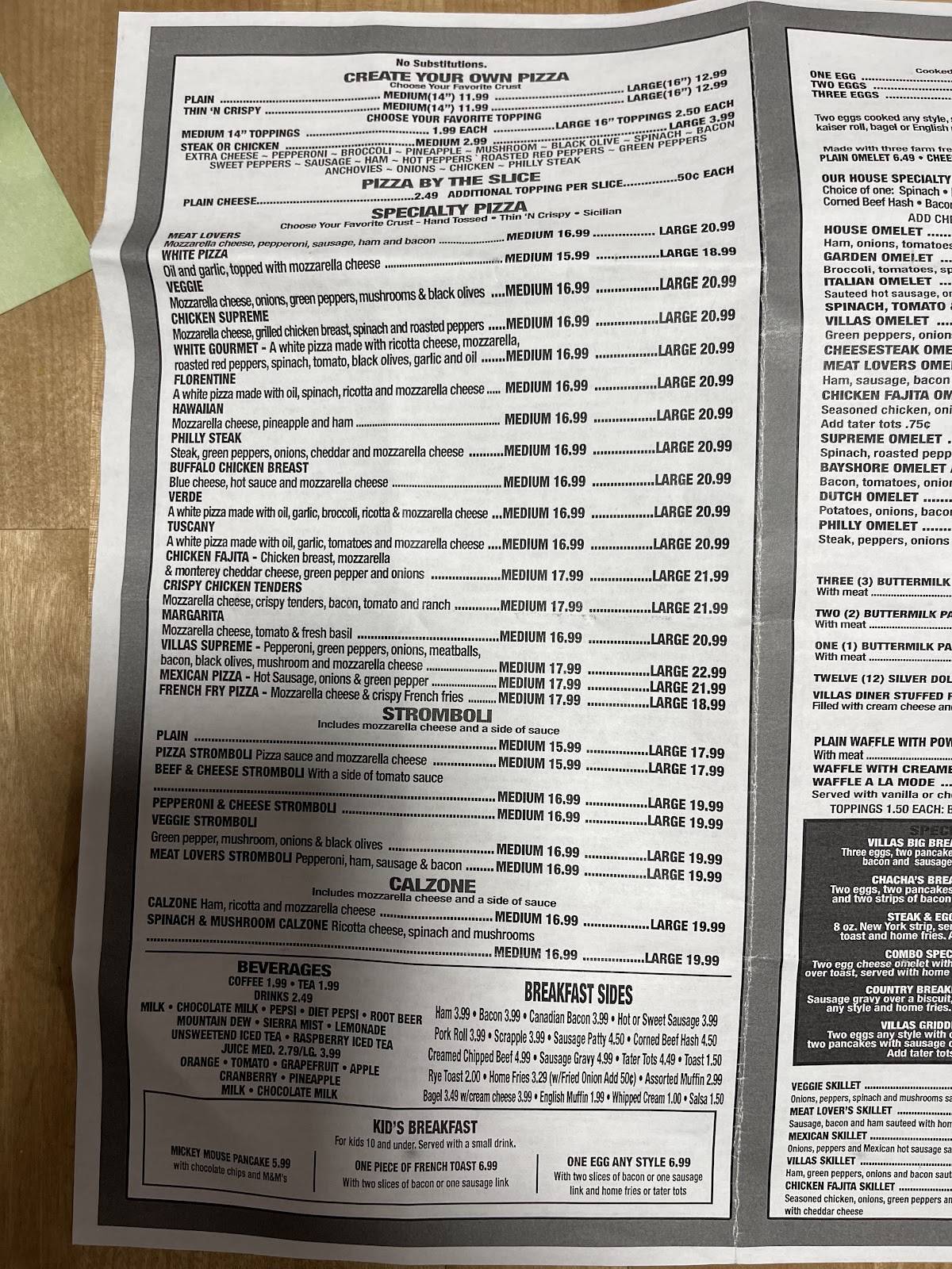 Menu at Villas Diner & Pizzeria, Villas, Bayshore Rd