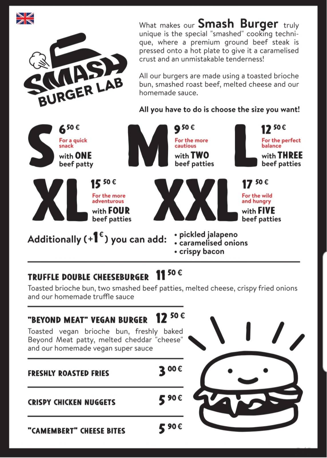 Menu at Smash Burger lab restaurant, Vilnius