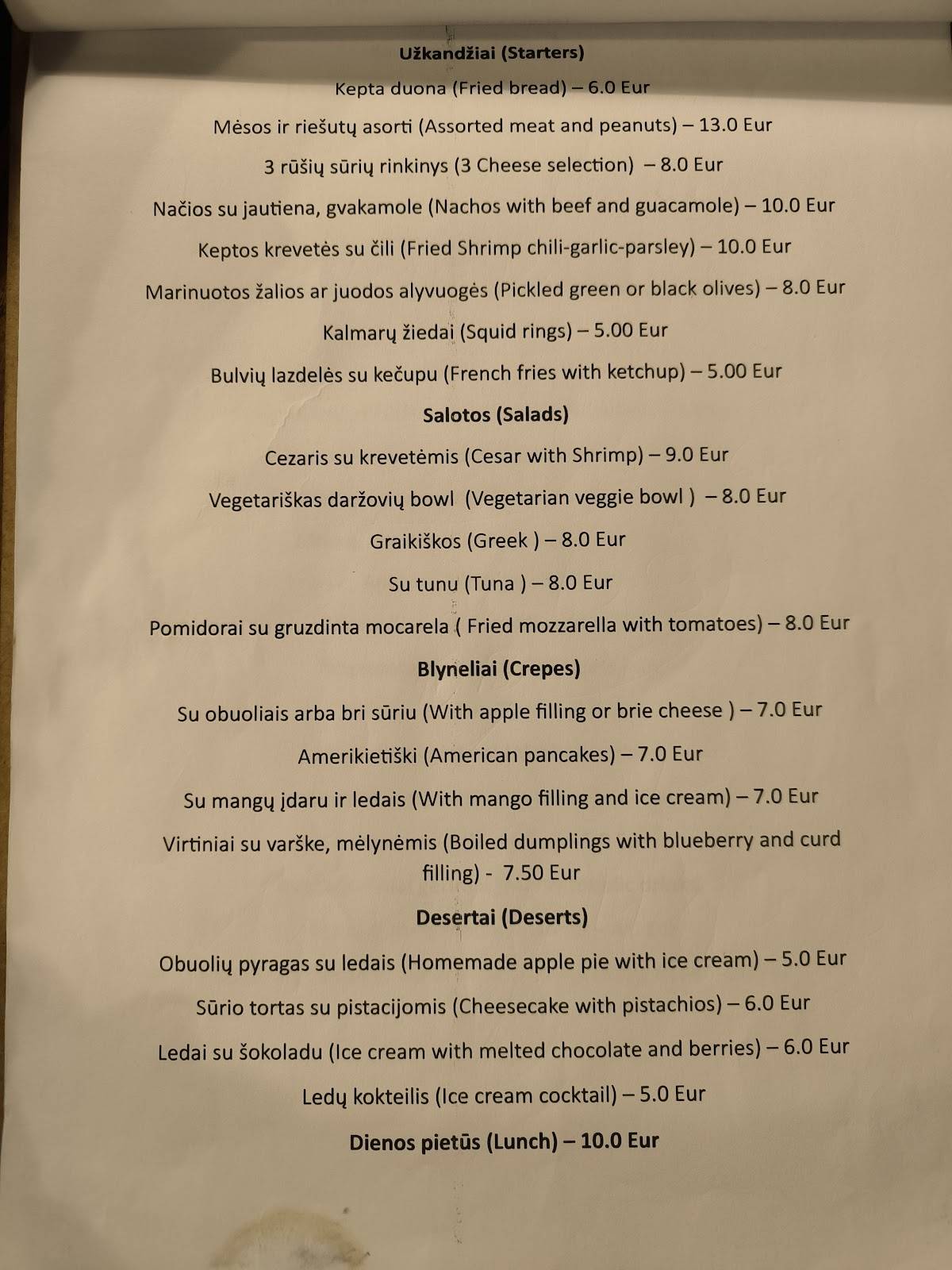 Menu at Vincent restaurant, Vilnius