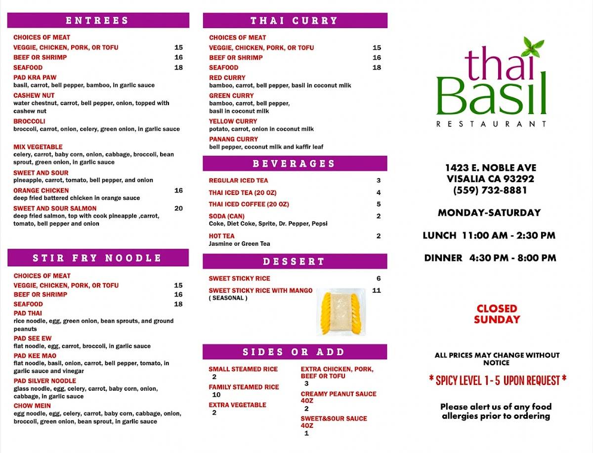 Menu at Thai Basil Restaurant, Visalia
