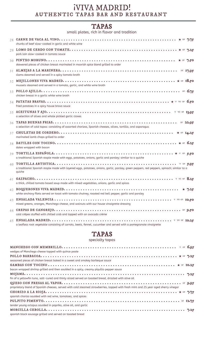 Carta del pub y bar Viva Madrid, Claremont, 225 N Yale Ave
